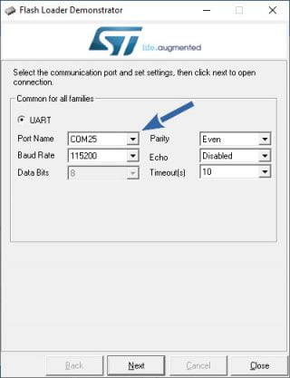 STM32 Flash loader demonstrator: select COM port – Renzo Mischianti