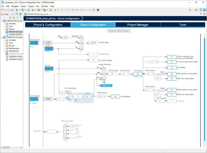 STM32 power saving: STM32F1 blue-pill manages clock and frequencies – 1 – Renzo Mischianti